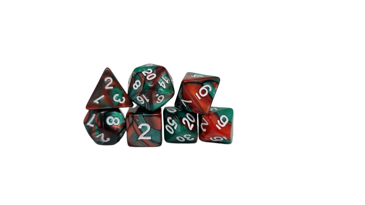 Red Green w/White - Acrylic Polyhedral Dice Set (7) - ACE – Mega Games ...
